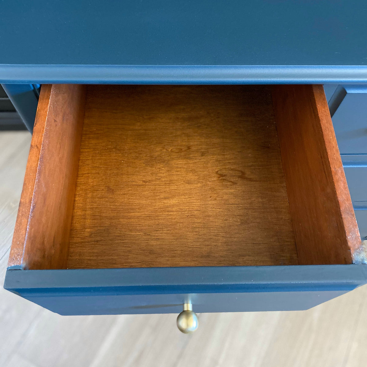 Stunning dark teal blue bedside tables with gorgeous gold hardware ...